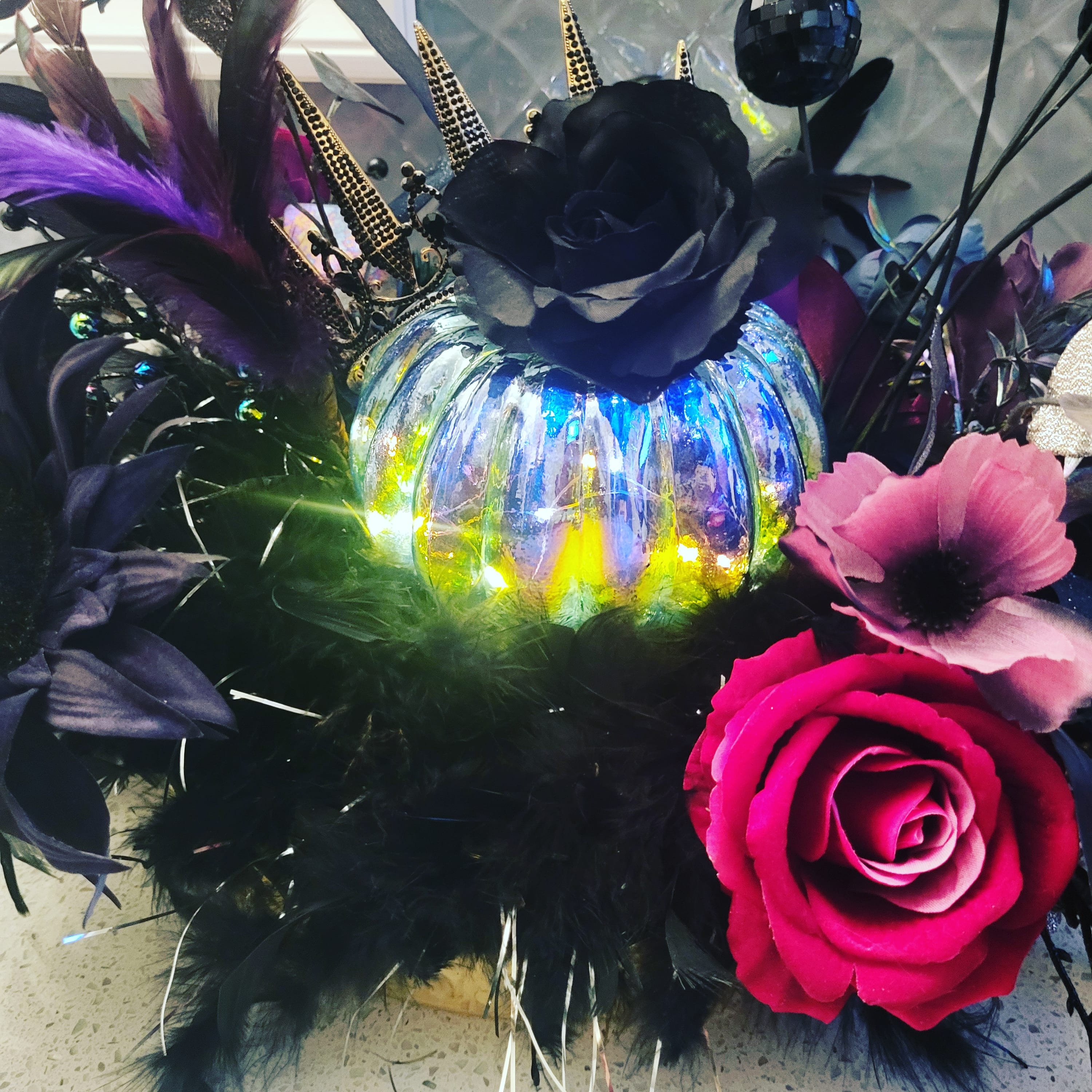 Modern Halloween Centerpiece With Lighted Pumpkin & Crown Dark Raven ...