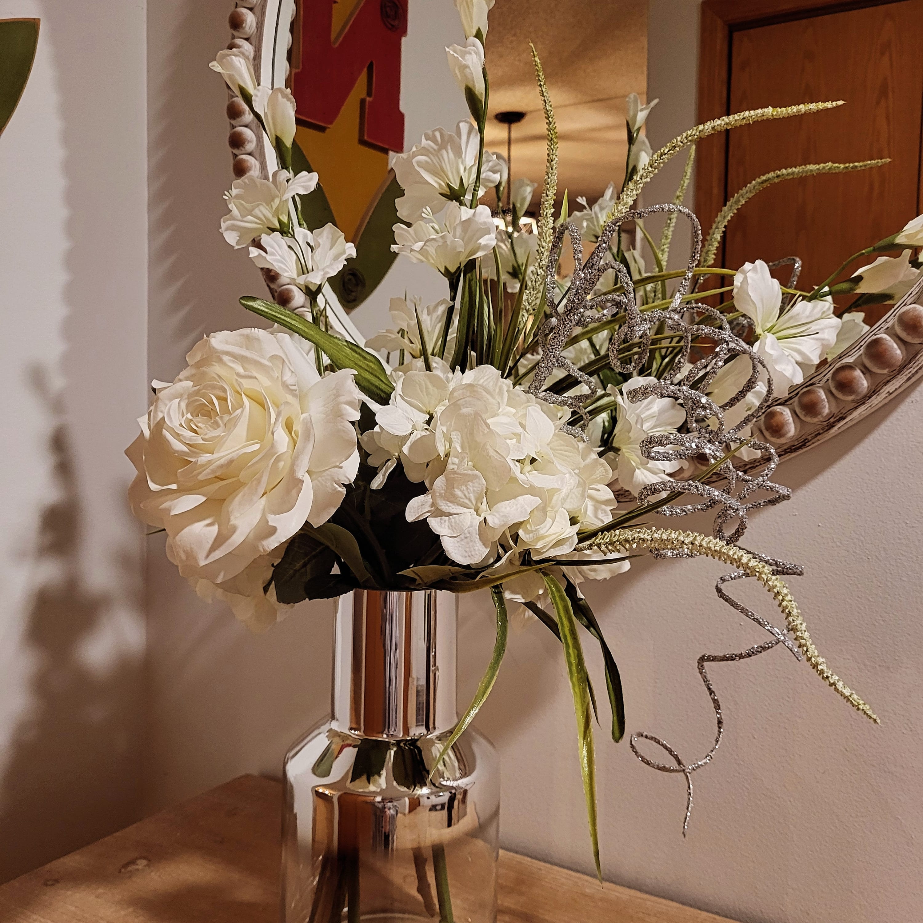 Silk Modern Tall Glam Boho White and Silver Floral Arrangement - Etsy