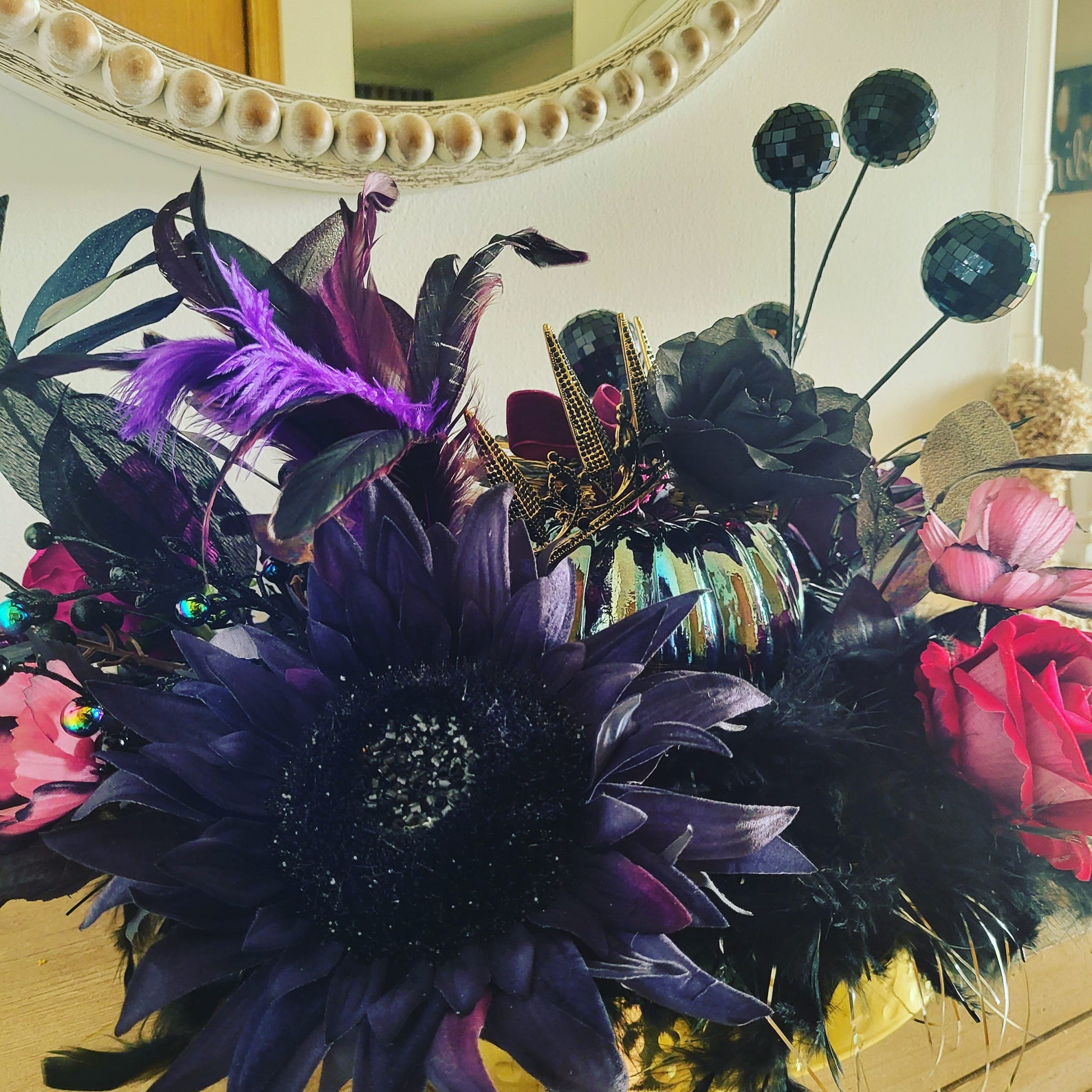 Modern Halloween Centerpiece With Lighted Pumpkin & Crown Dark Raven ...