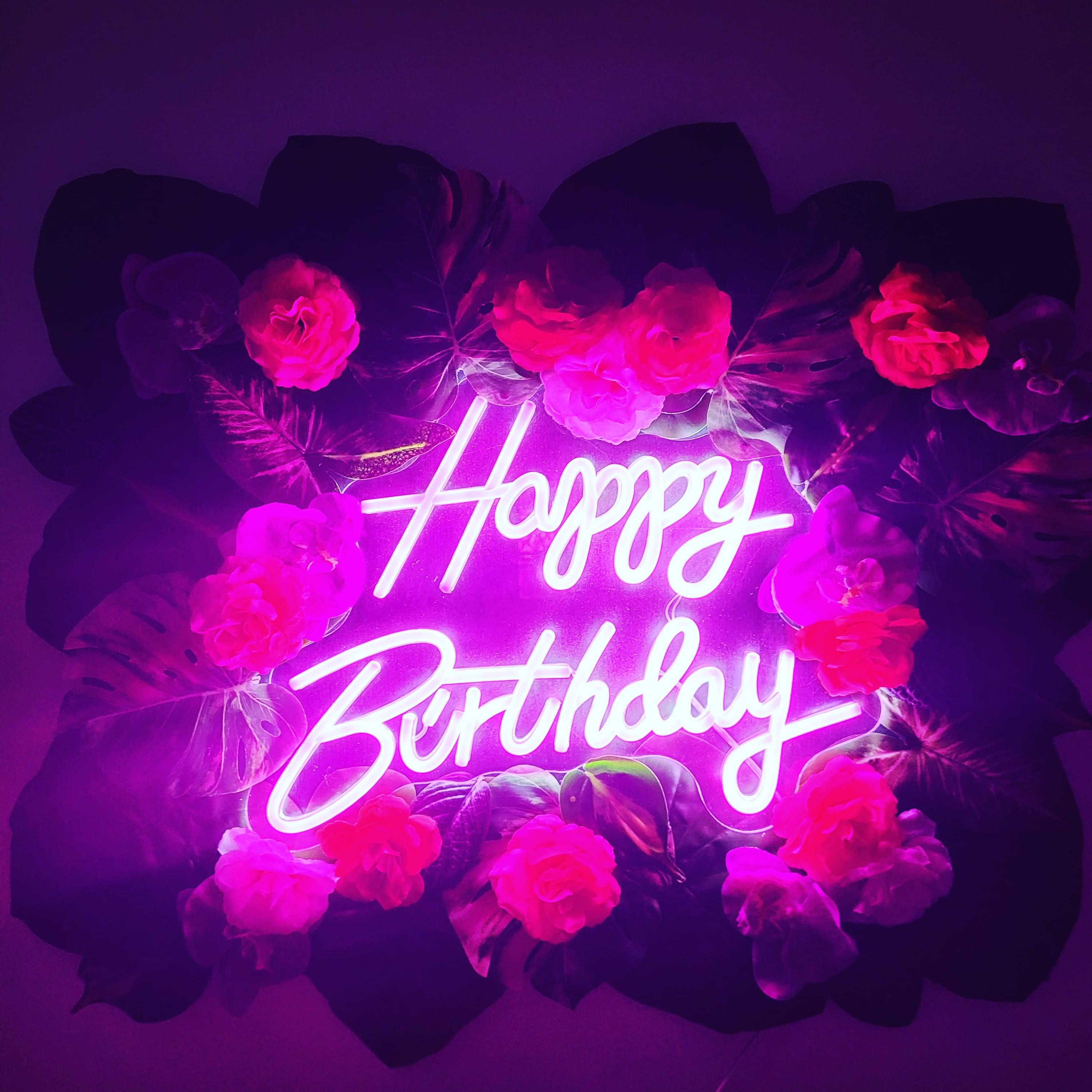 Happy Birthday Tropical Pink Neon Sign With Flowers - Etsy