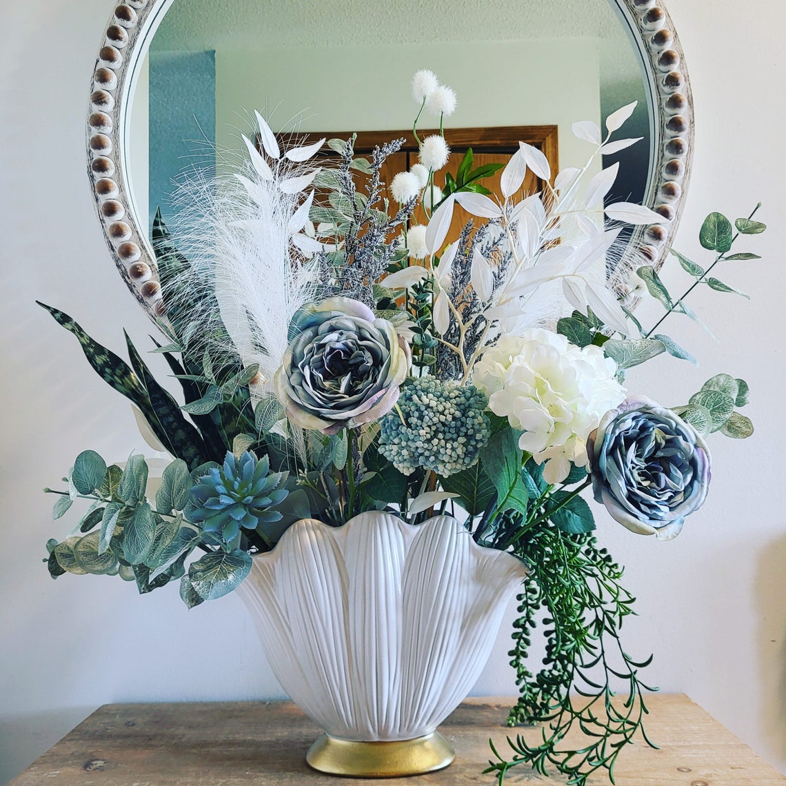 Modern Neutral Coastal Floral Arrangement in Gold & White Seashell Vase ...