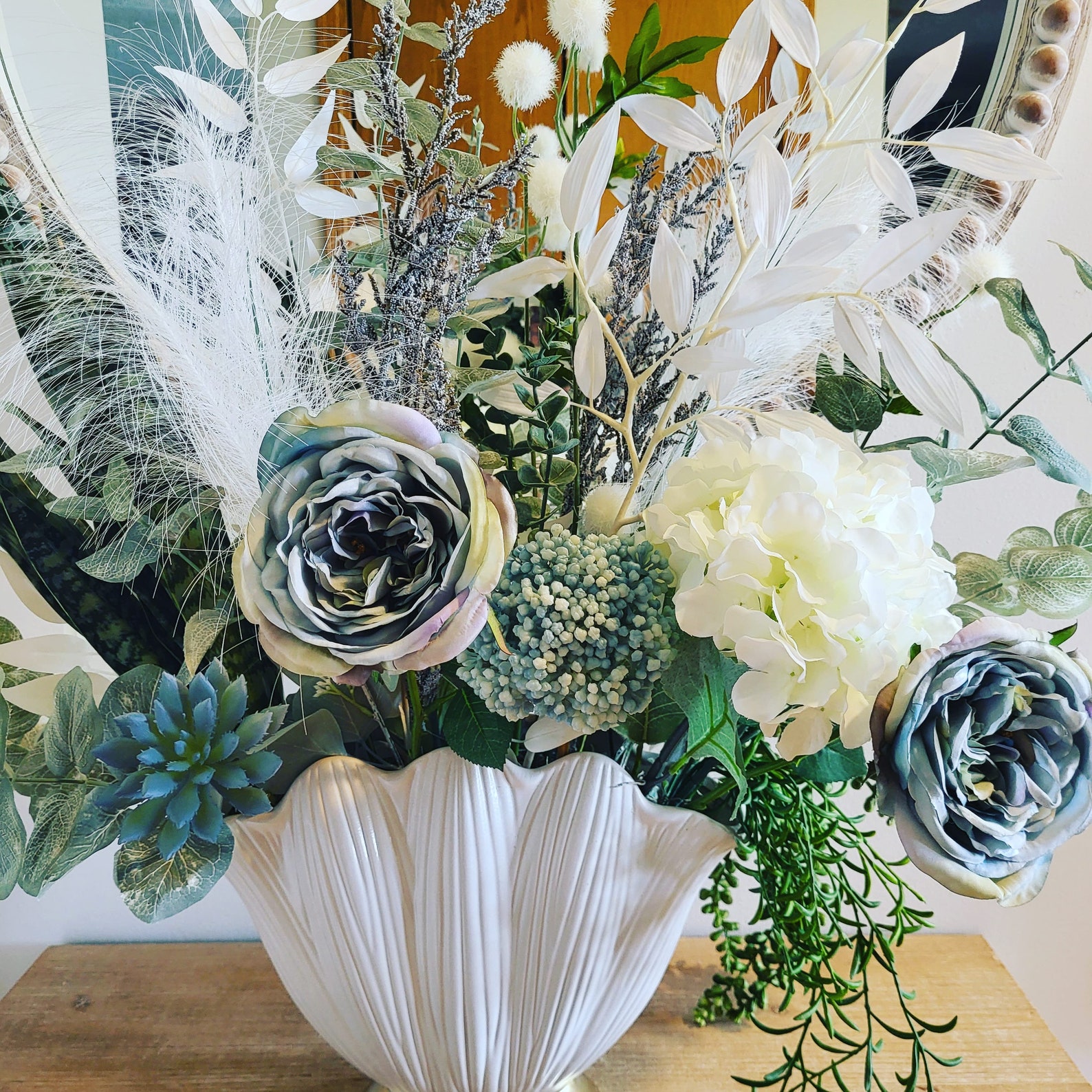 Modern Neutral Coastal Floral Arrangement in Gold & White Seashell Vase ...