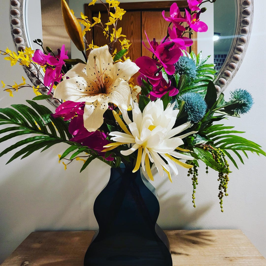 Modern Tropical One-sided Floral Arrangement in Teal Vase - Etsy
