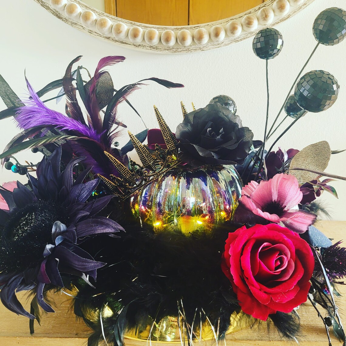 Modern Halloween Centerpiece With Lighted Pumpkin & Crown Dark Raven ...