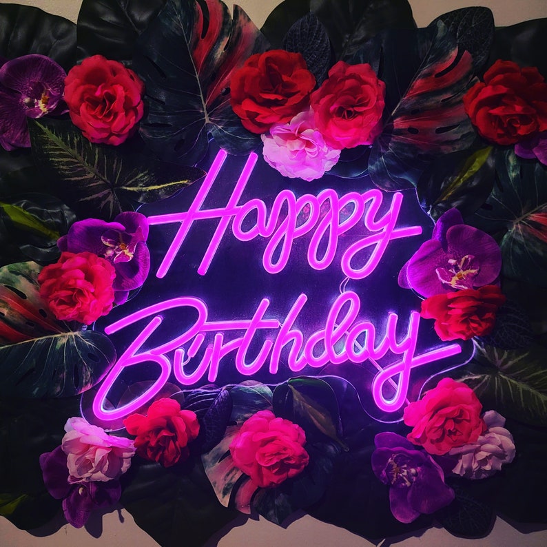Happy Birthday Tropical Pink Neon Sign With Flowers - Etsy