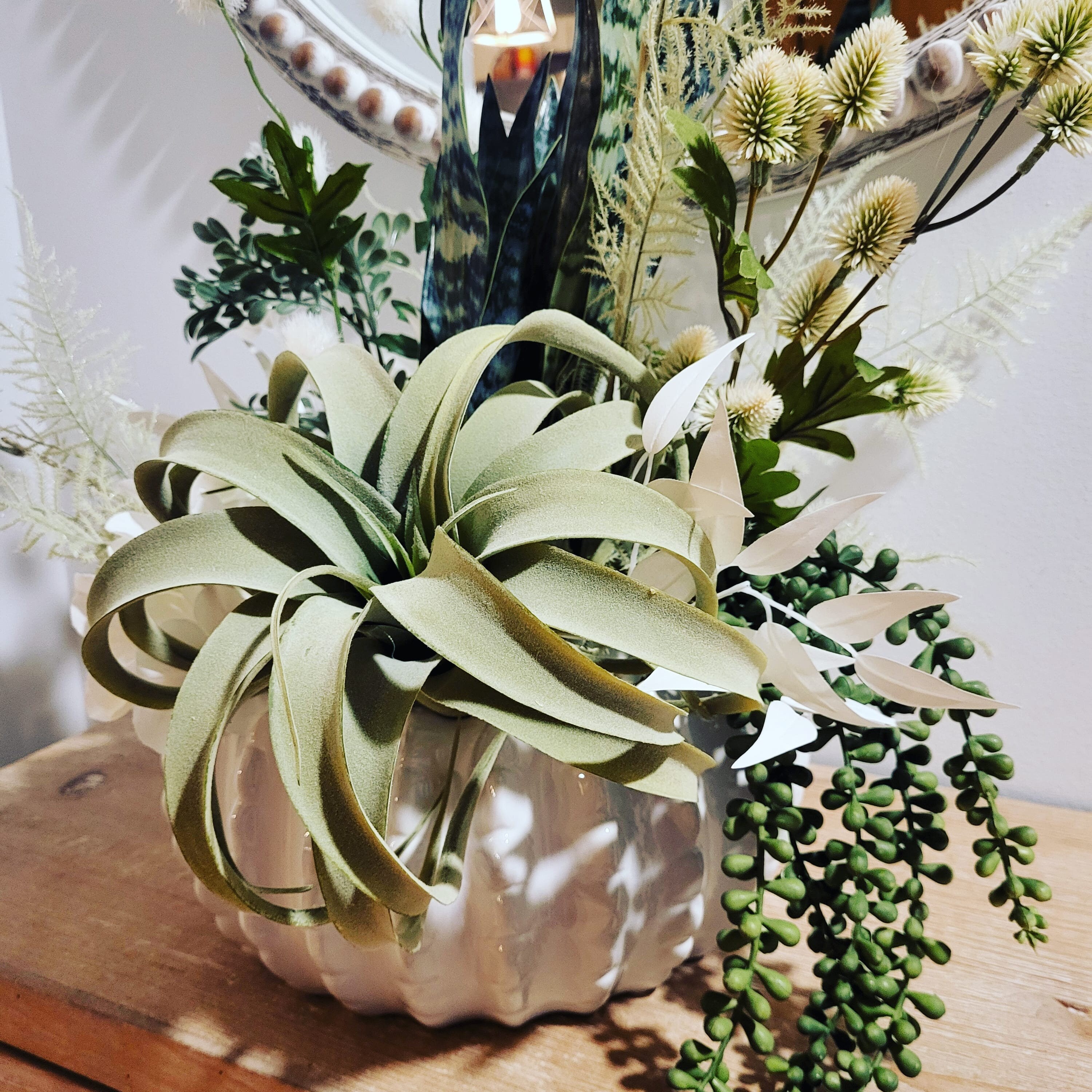 Modern Neutral Seashell Coastal Floral Arrangement With Green Plants ...