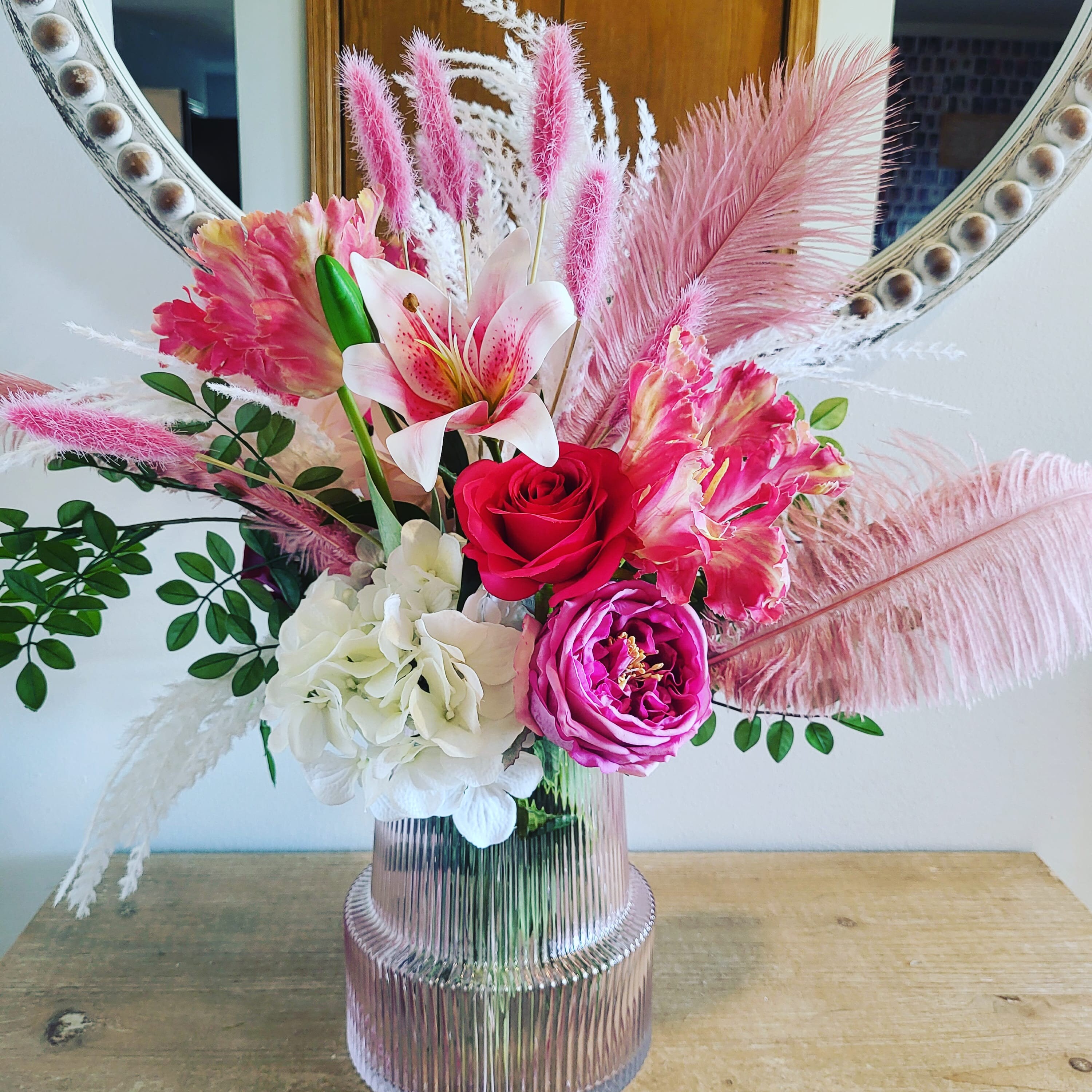 Modern Boho Pink Feather Floral Arrangement - Etsy