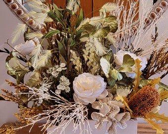 Modern Neutral Coastal Floral Arrangement in Gold & White Seashell Vase ...