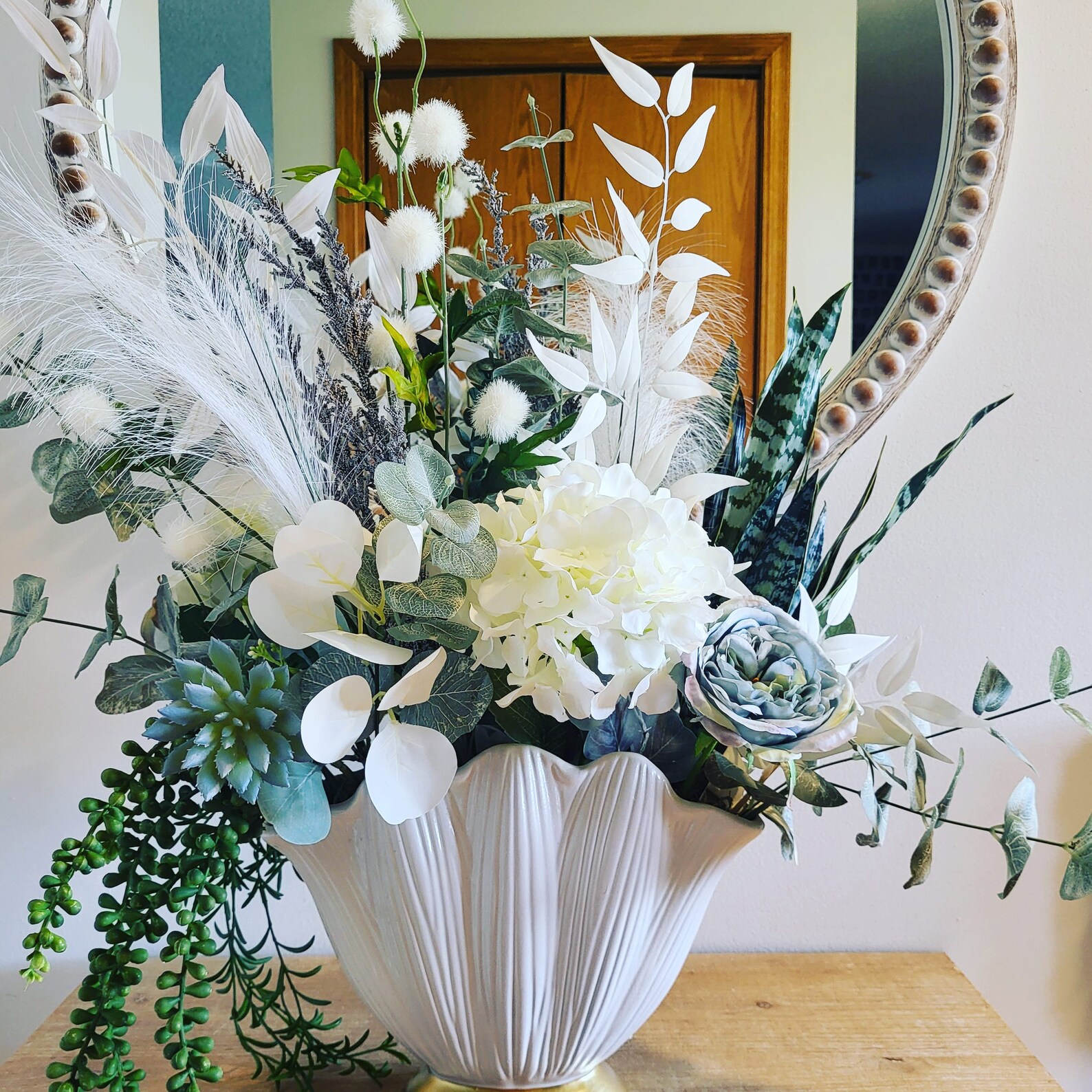 Modern Neutral Coastal Floral Arrangement in Gold & White Seashell Vase ...
