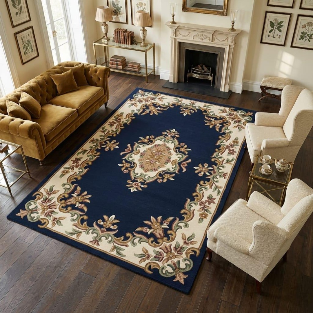 Hand Tufted Blue Ivory Aubusson Rug, Floral Medallion Wool Carpet 3x5 ...