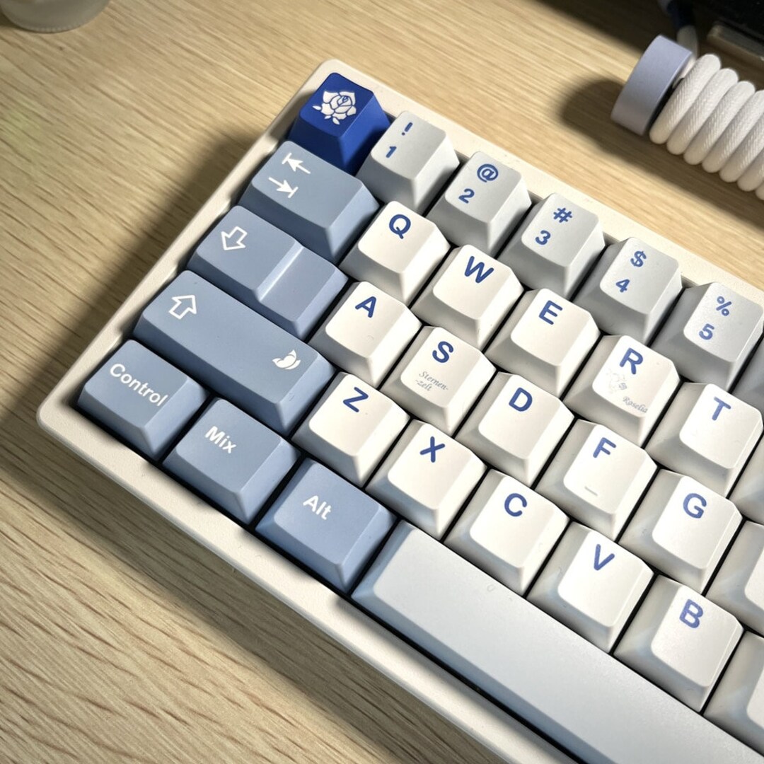 Sky Blue/white Rose Themed Keycaps PBT 142 Keys Cherry Profile MX ...