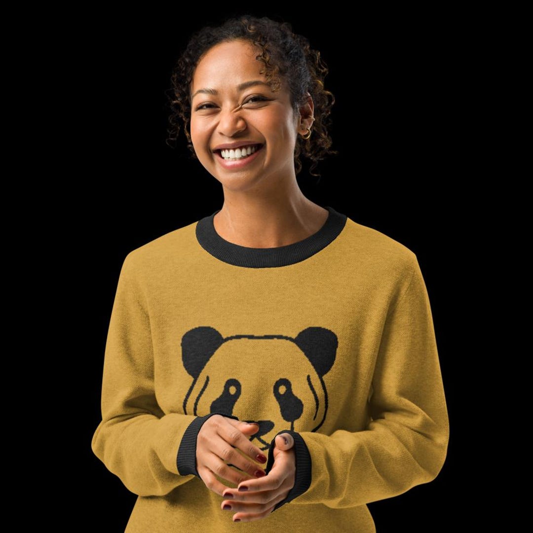 Panda Sweater Gift, Cute Knitted Yellow Crew Neck Sweater, Adorable ...