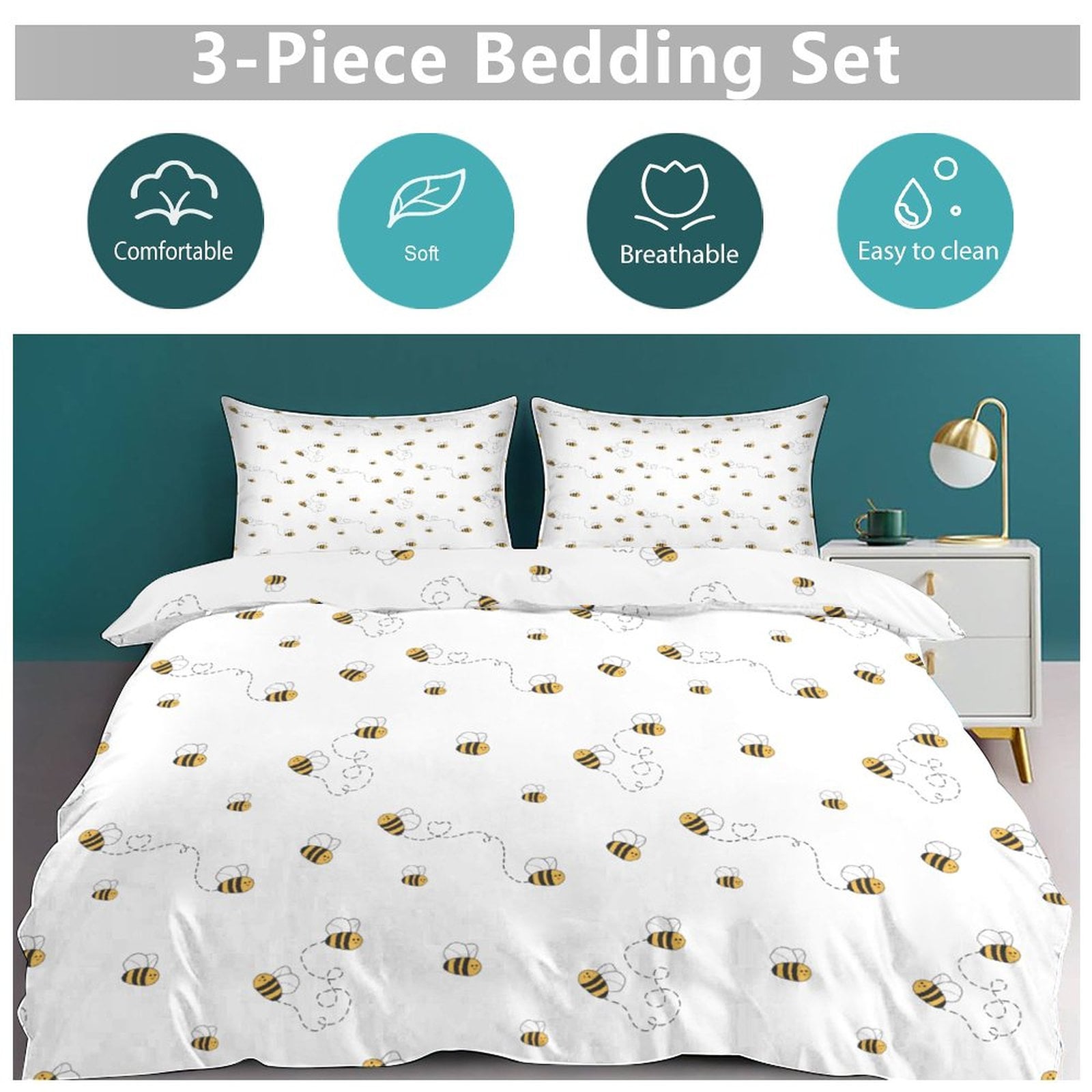 Cute Bumble Bee Bedding Set Queen 3-piece Bed Decor & Dorm Room ...