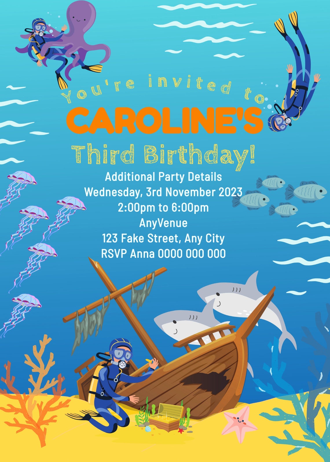 Under the Sea Birthday Editable Invitation, Underwater, Under the Ocean ...