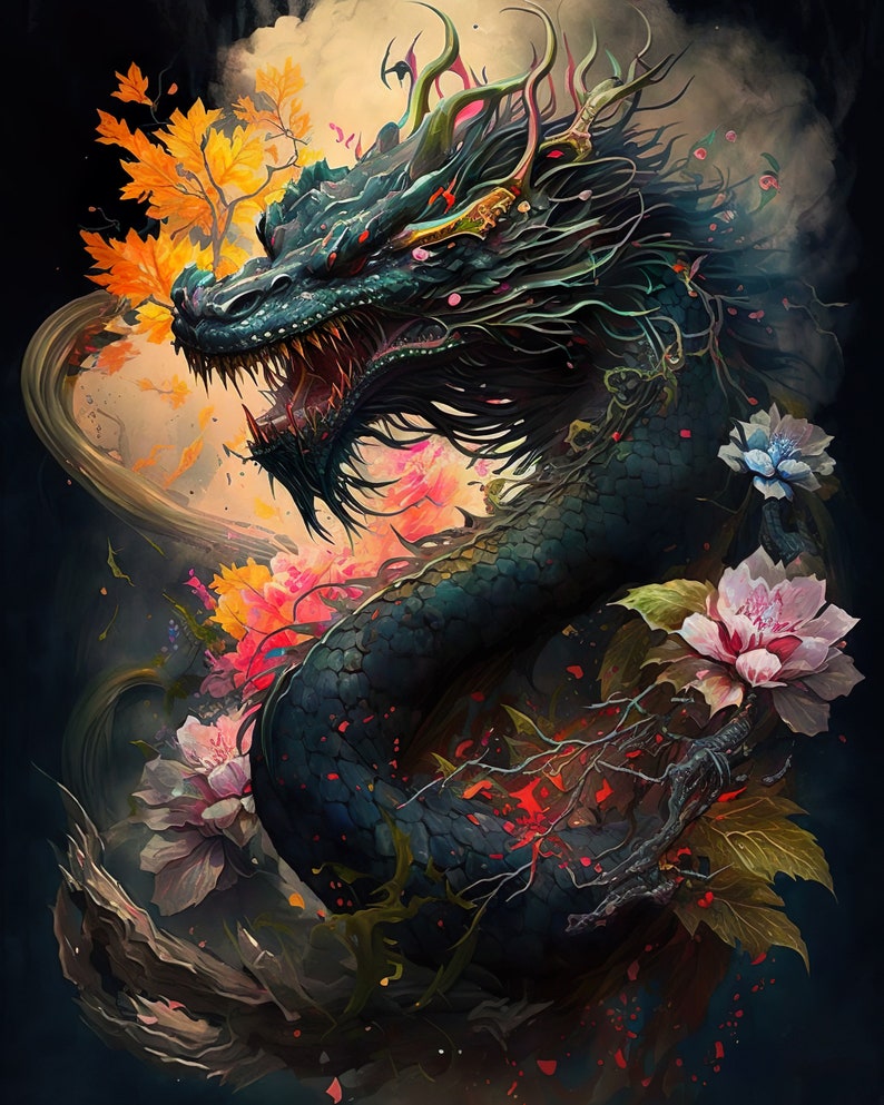 A Large, Colorful Japanese Dragon With Beautiful Flowers | Oil - Etsy