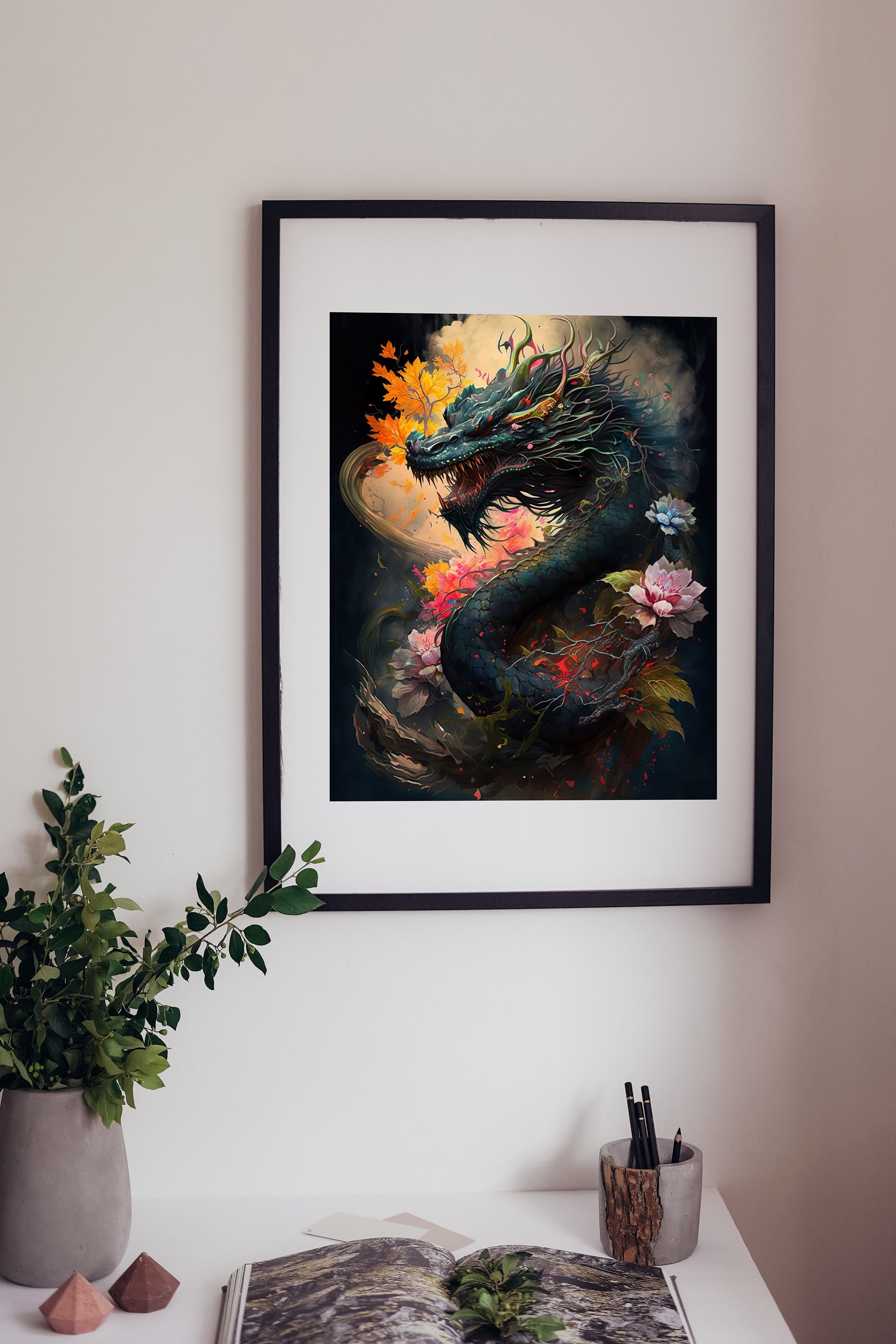 A Large, Colorful Japanese Dragon With Beautiful Flowers | Oil - Etsy
