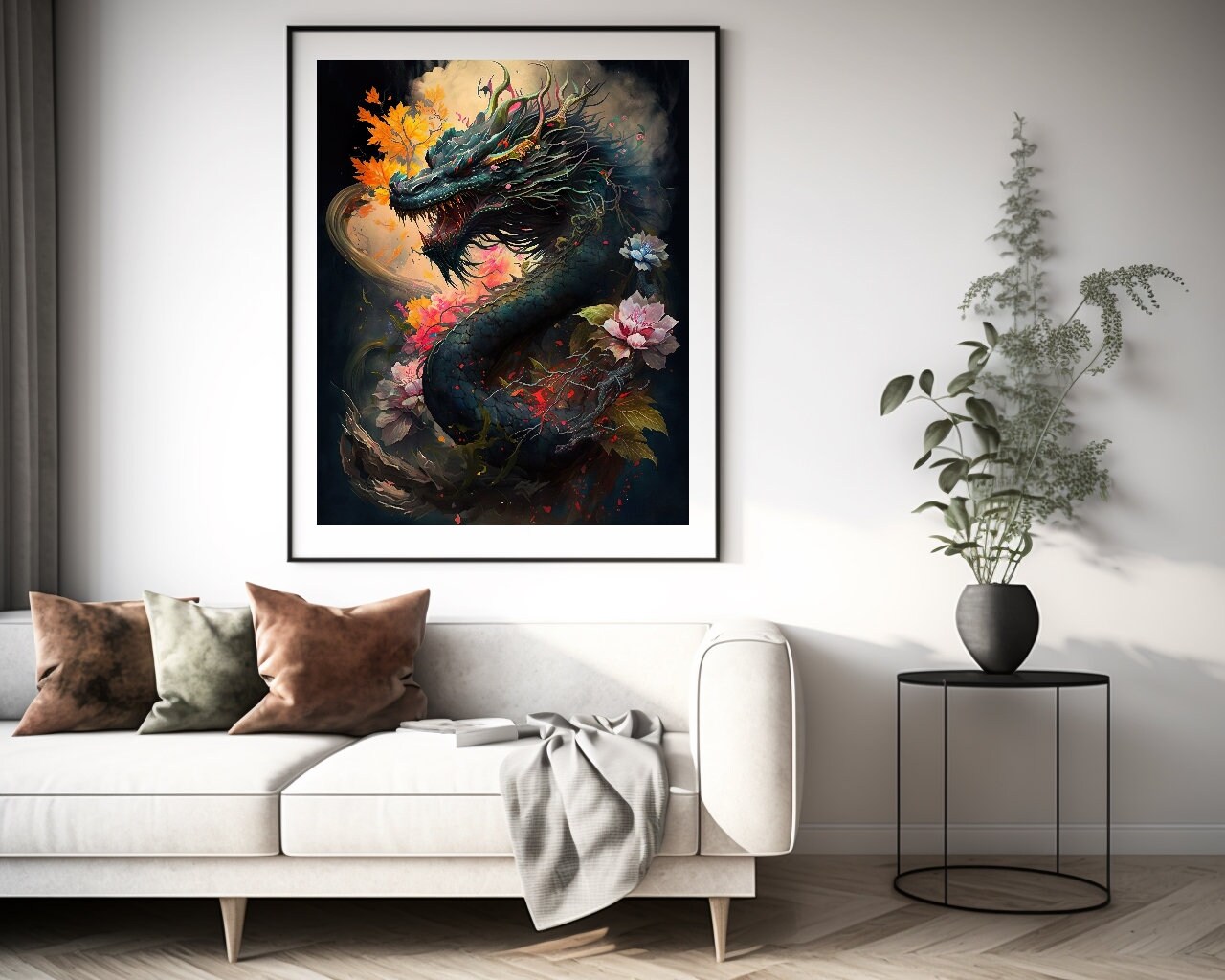 A Large, Colorful Japanese Dragon With Beautiful Flowers | Oil - Etsy