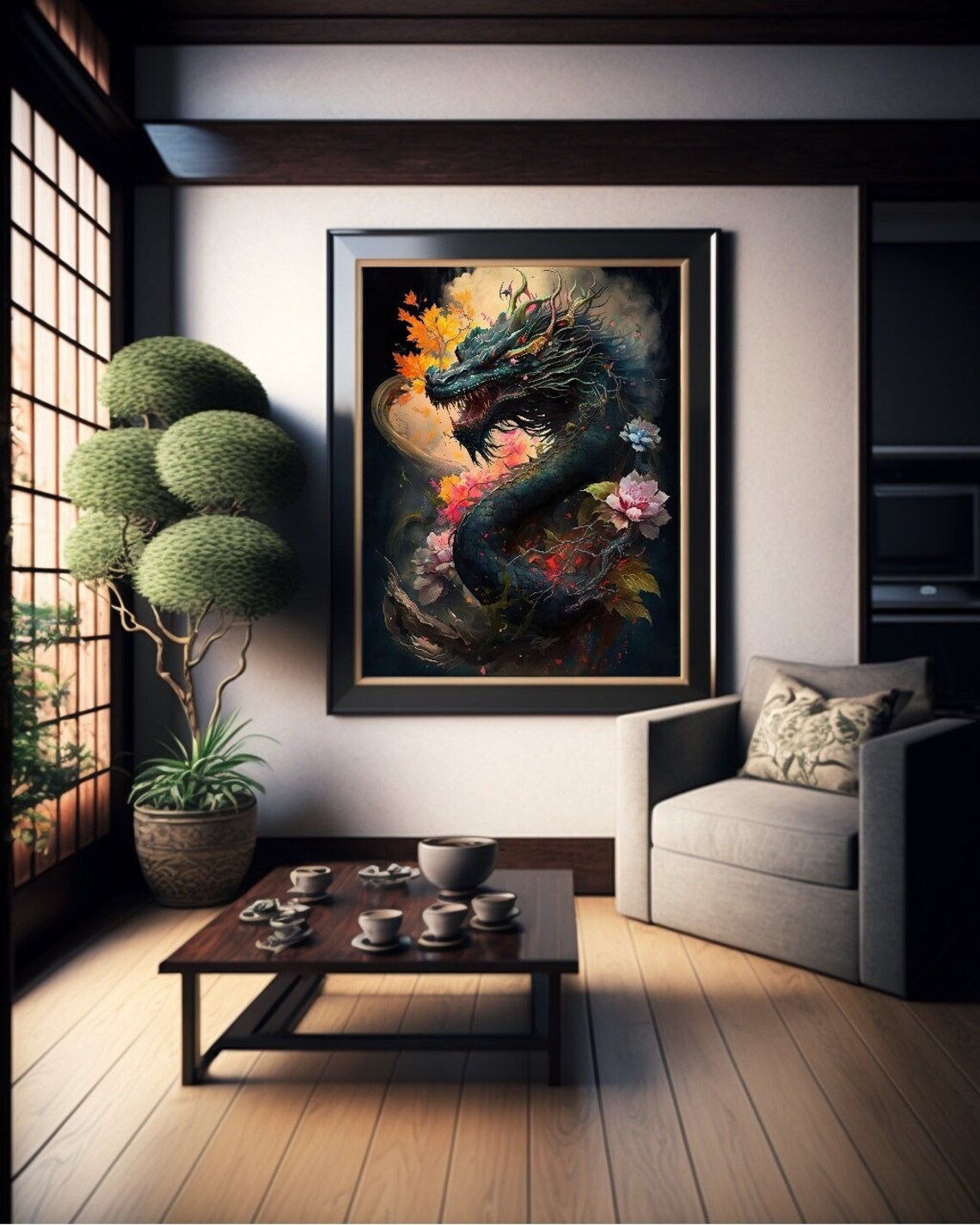 A Large, Colorful Japanese Dragon With Beautiful Flowers | Oil - Etsy