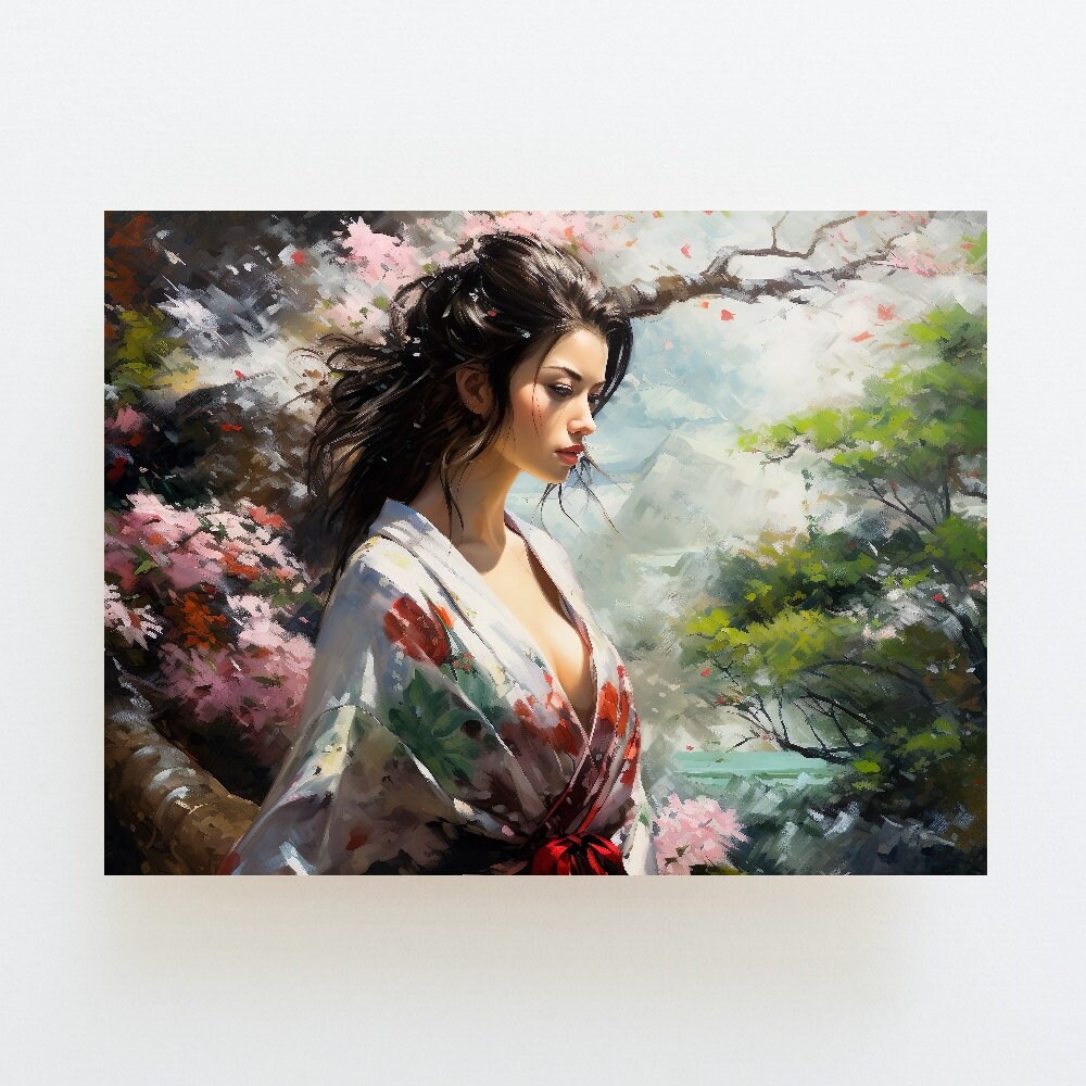 Japanese Geisha in Kimono on a Morning Walk in the Garden. Portrait ...