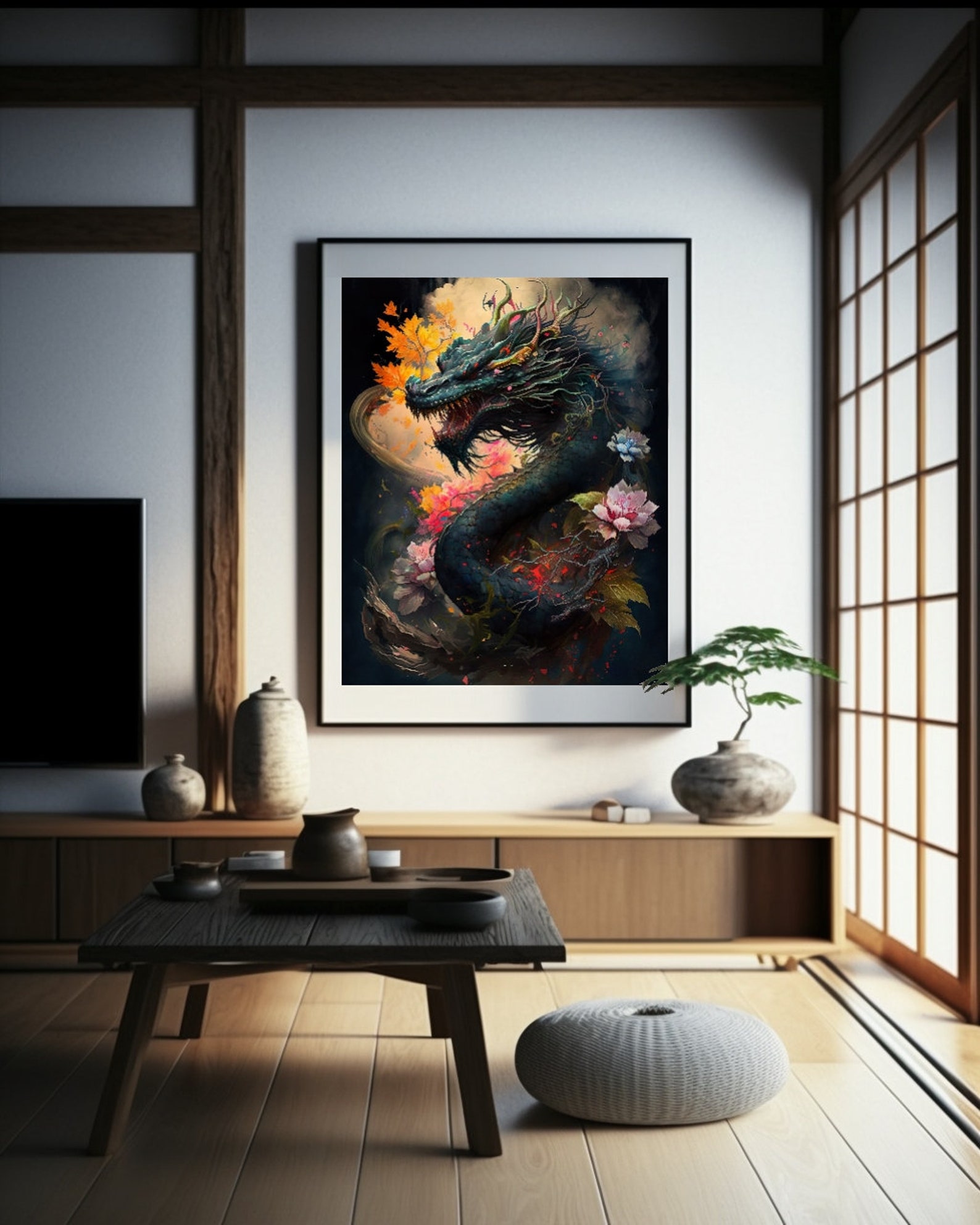A Large, Colorful Japanese Dragon With Beautiful Flowers | Oil - Etsy