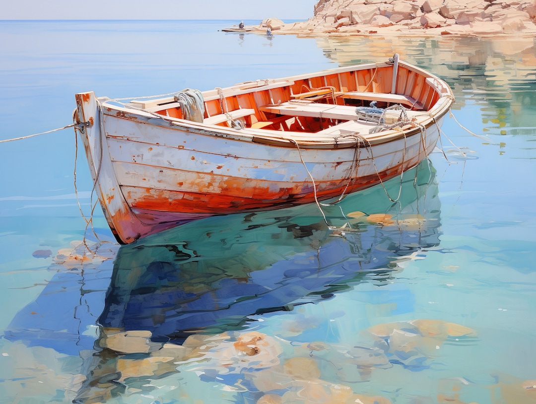 Small Rowboat in the Colorful Sea | Wall Art. Digital Decorative Mural ...