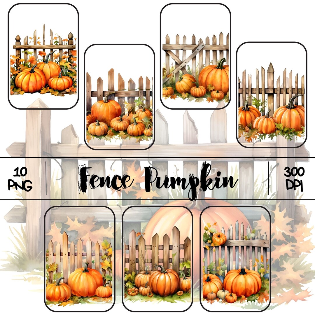 Watercolor Halloween Pumpkin Fence Clipart, Fall Landscapes, Fence ...