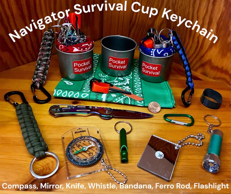 Survival Cup Keychain: Compass, Knife, Flashlight, Bandana, Signal ...