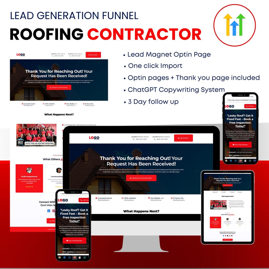 Roofing Contractor Funnel | Go High Level | Done-for-you | 3-day Email ...