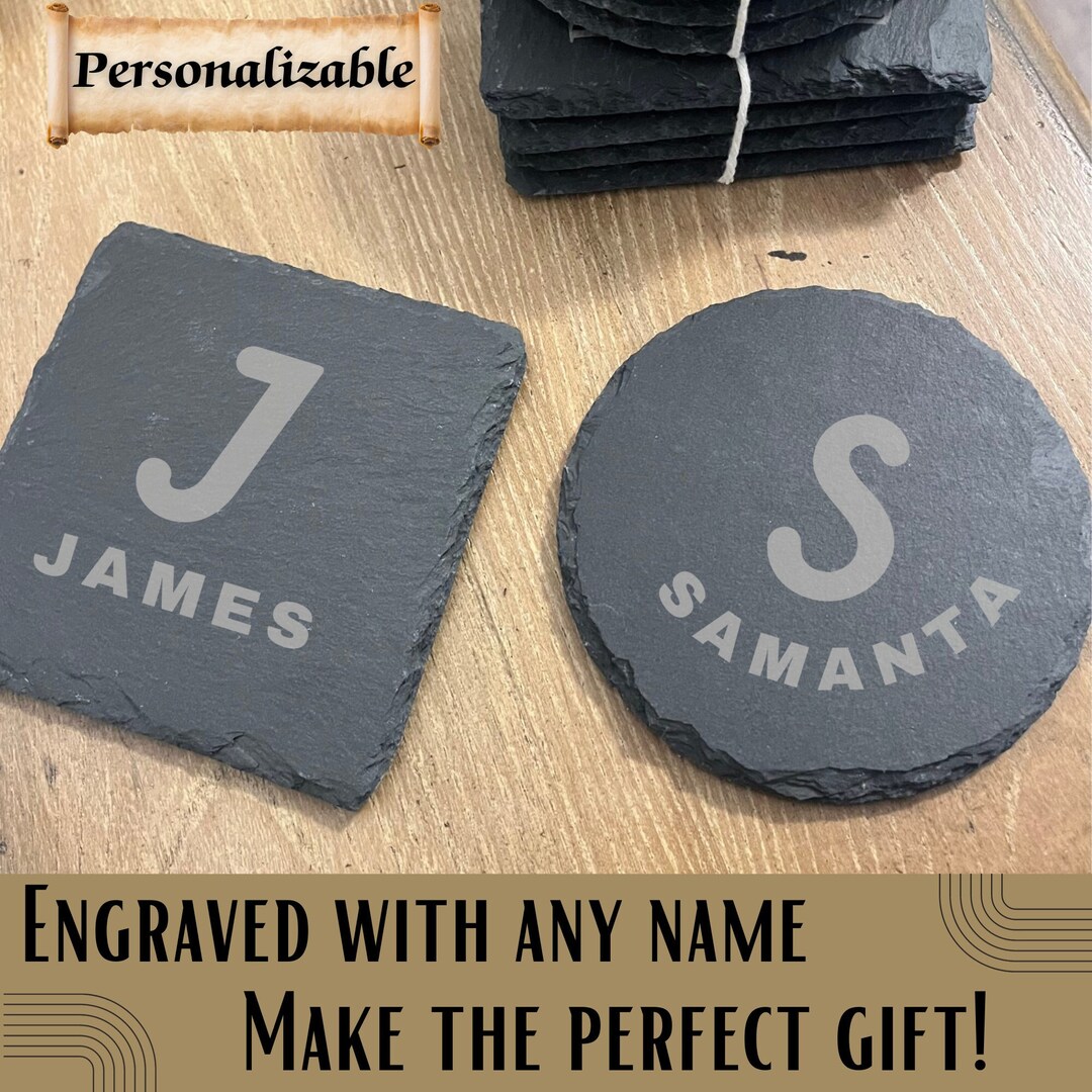 Personalized Name Coasters Set, Engraved Slate Coasters, Housewarming ...