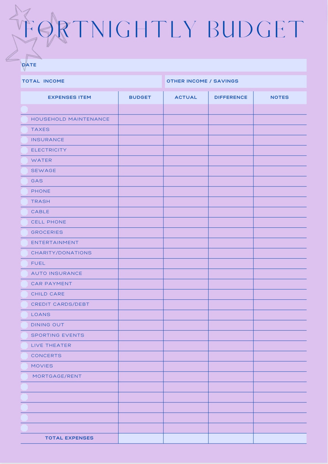 Weekly/monthly/fortnightly Budget Planning Spreadsheet Digital Download ...