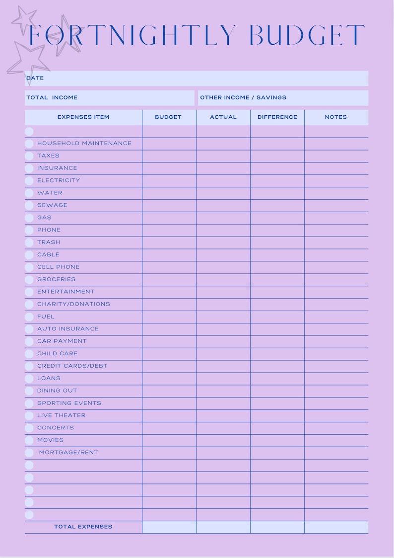 Weekly/monthly/fortnightly Budget Planning Spreadsheet Digital Download ...