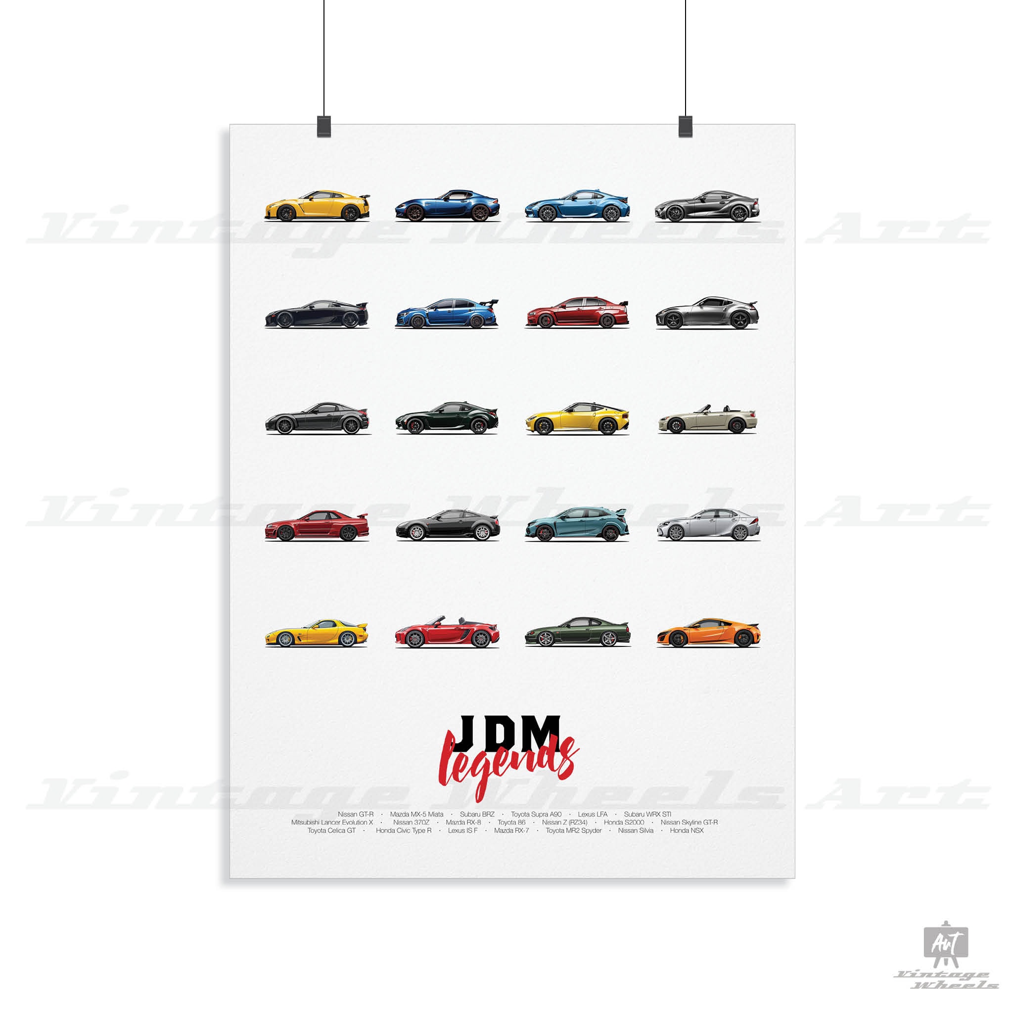 JDM Legends Car Collection Poster ,mazda MX-5, Nissan GT-R, Subaru Wrx ...
