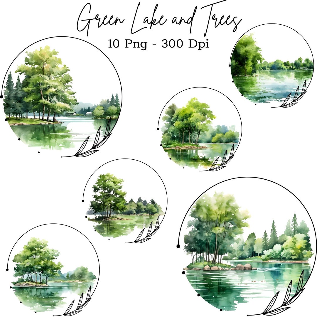 Watercolor Green Lake and Tree Clipart Bundle, 10 High Quality Pngs ...