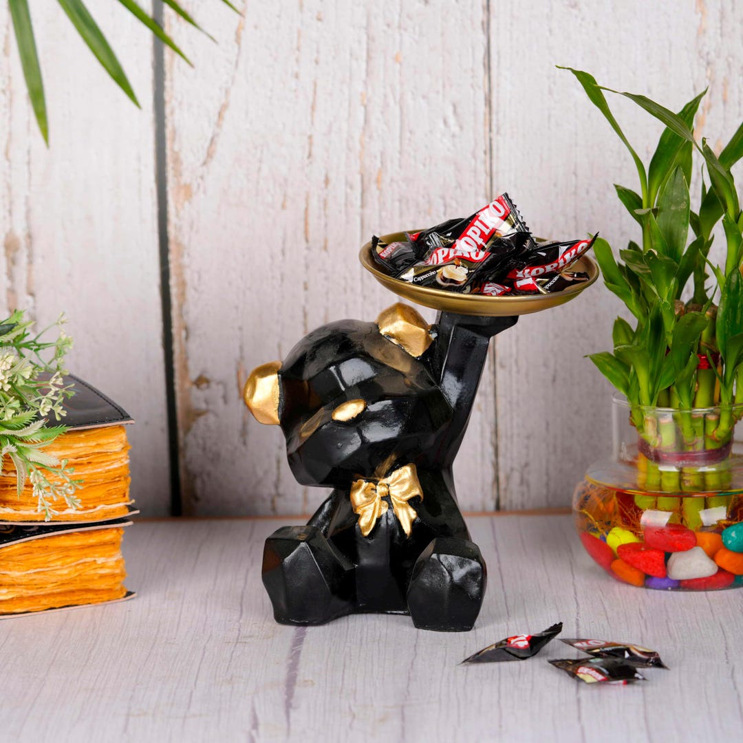 Black Sitting Teddy Bear Statue Holding Tray Decorative Showpiece for ...