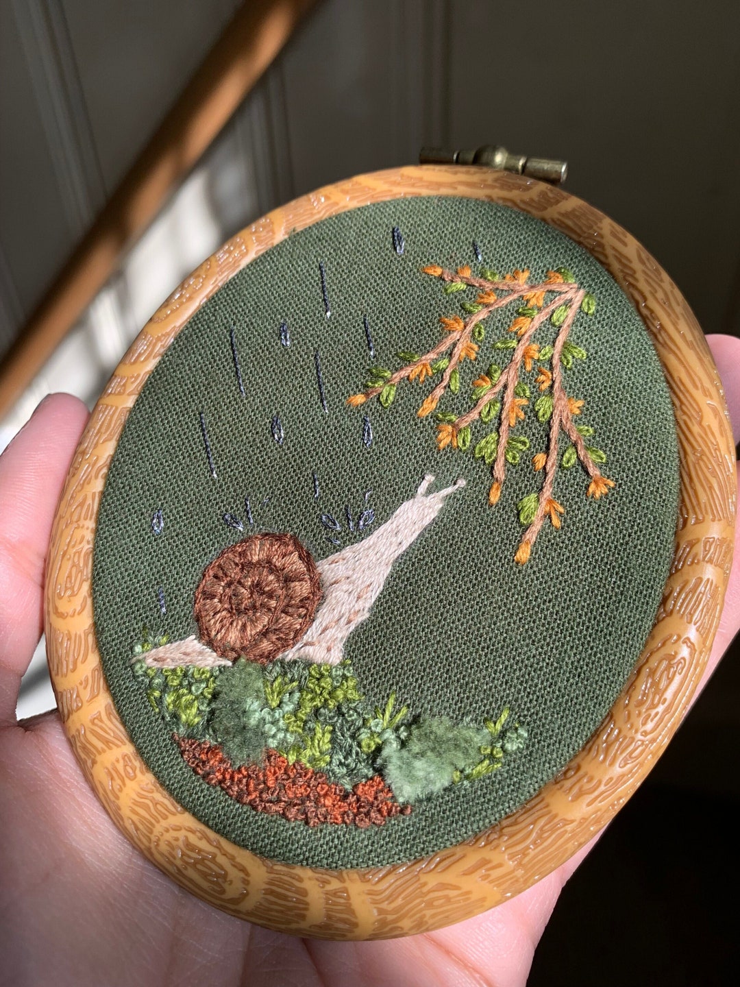 Hand Embroidered Snail Finished Wall Art Rainy Day Snail Art, Botanical ...