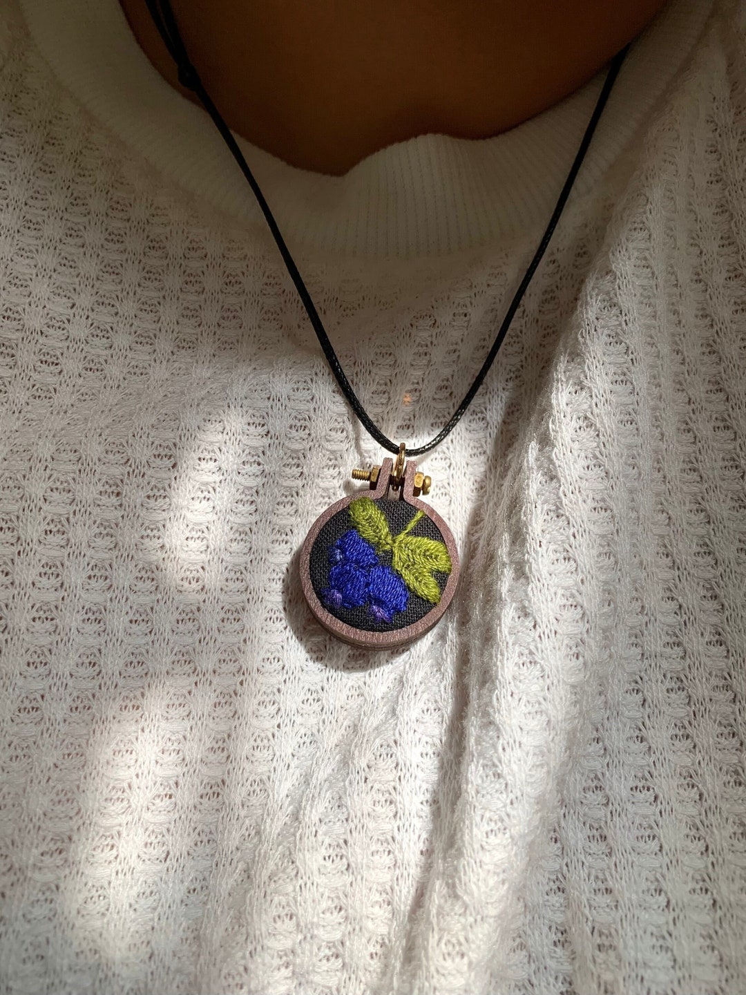 Hand Embroidered Blueberry Necklace Mini Embroidery Hoop Jewelry, Tiny ...