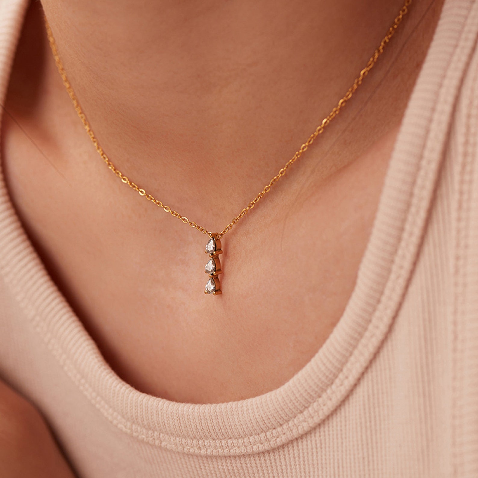 Three Diamond Necklace, Crystal Necklace, Triple Diamond Necklace ...