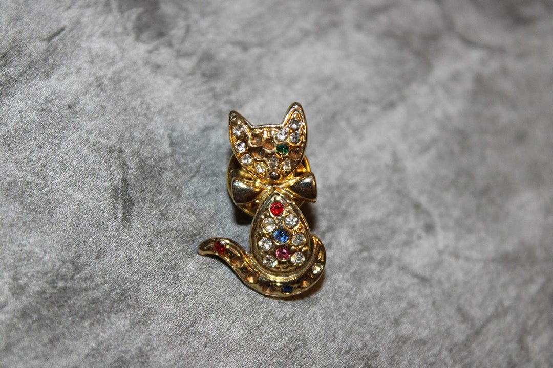Vintage 1980s Rhinestone Cat Pin - Gold-tone Lapel Pin - Etsy