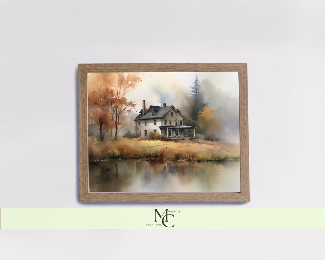 Lakefront Barn Watercolor Wall Art, Farmhouse Landscape Print, Rustic ...