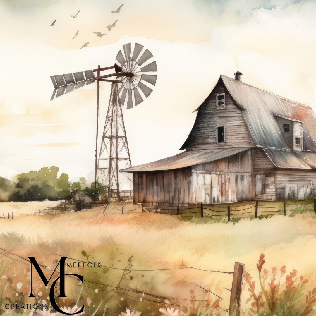 Windmill Barn Farmhouse Wall Decor, Farm Country Style Wall Art, Barn ...