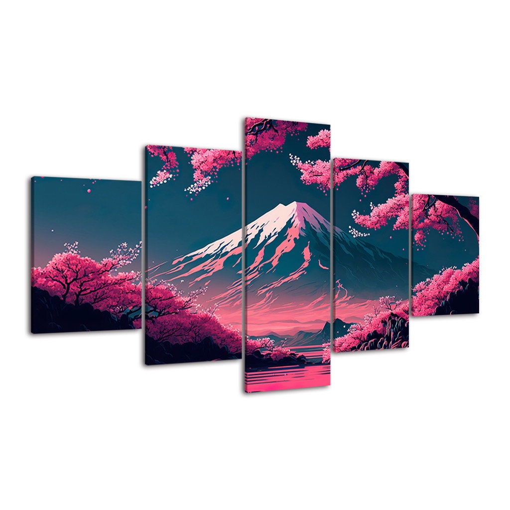 Mount Fuji Pink Sakuras Night Sky 5 Piece Canvas Wall Art - Etsy