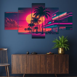 Neon Boardwalk Florida Miami Synthwave Sunset 5 Piece Canvas Wall Art ...