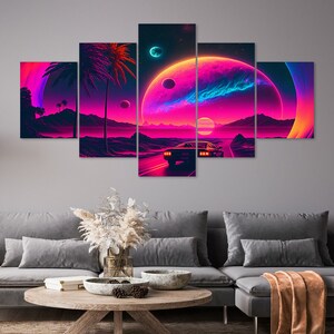 Vaporwave Car Canvas Wall Art, Sunset Galaxy Print, 5 Piece Framed Set ...
