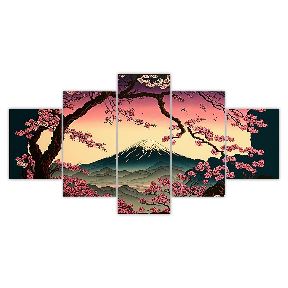 Sakura Trees Mountain Landscape 5 Piece Canvas Wall Art Framed - Etsy