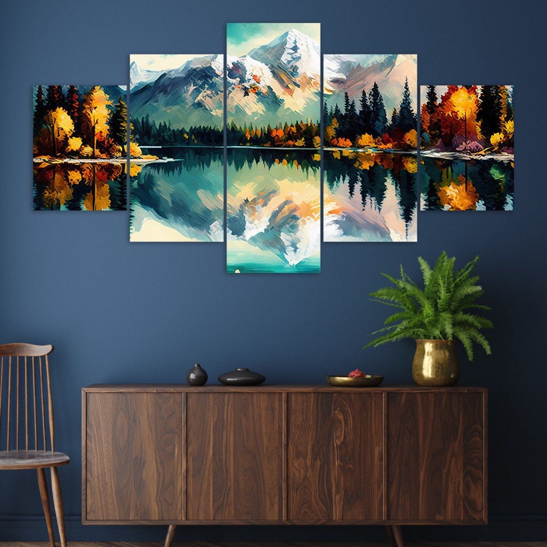 Watercolor Lake & Mountain Canvas Wall Art, 5 Piece Multi Panel Print ...