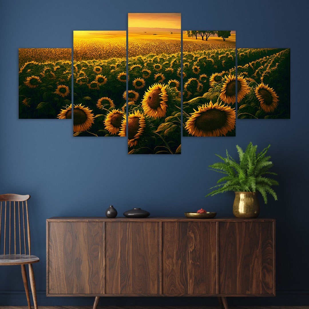 Sunflower Field 5 Piece Canvas Wall Art Framed Multi Panel Prints ...