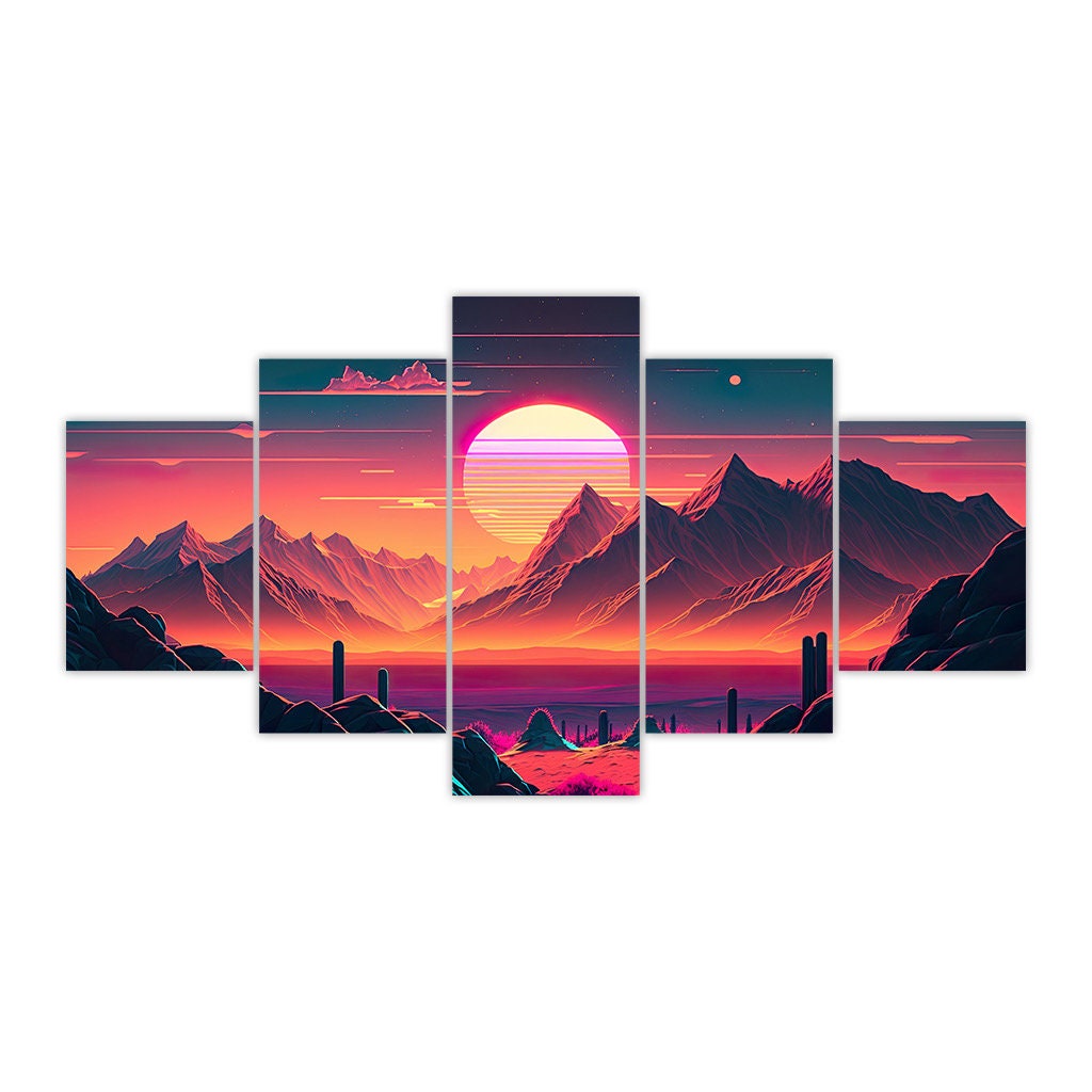 Synthwave Sunset Mountains Landscape 5 Piece Canvas Wall Art Framed ...