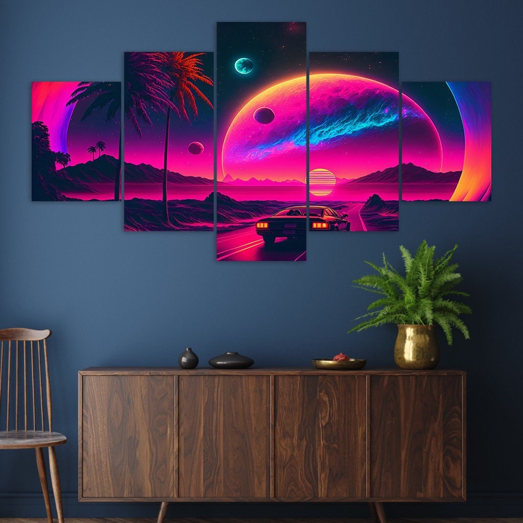 Sunset Road Car Vaporwave Galaxy 5 Piece Canvas Wall Art Framed Multi ...