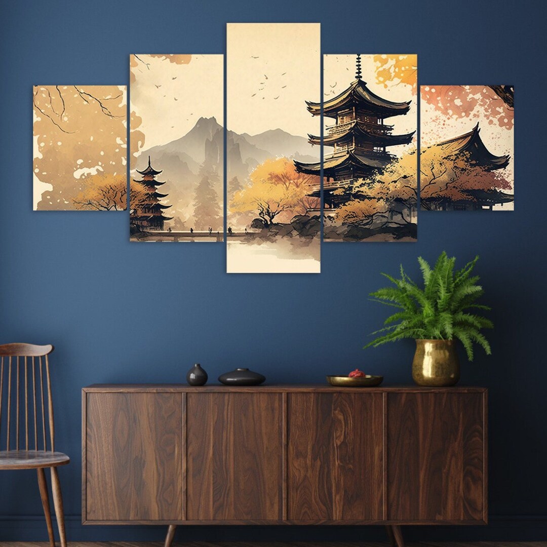Watercolour Golden Temples 5 Piece Canvas Wall Art Framed Multi Panel ...