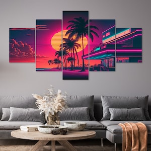 Neon Boardwalk Florida Miami Synthwave Sunset 5 Piece Canvas Wall Art ...